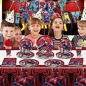 Spider Party Supplies Superhero Birthday Set, Including Plate, Napkin, Cup, Knife Fork, Spoon, Tablecloth、Straws and Pull flags， Spider Birthday Decorations For Boys and Girls