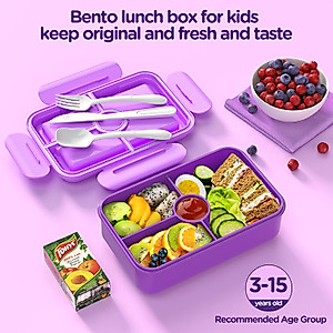 Jelife Lunch Box Kids Bento Box - Large Bento-Style Leakproof 4 Compartments Kids Lunchbox Food Containers with Utensils for Back to School, Reusable On-the-Go Meal and Snack Packing, Purple