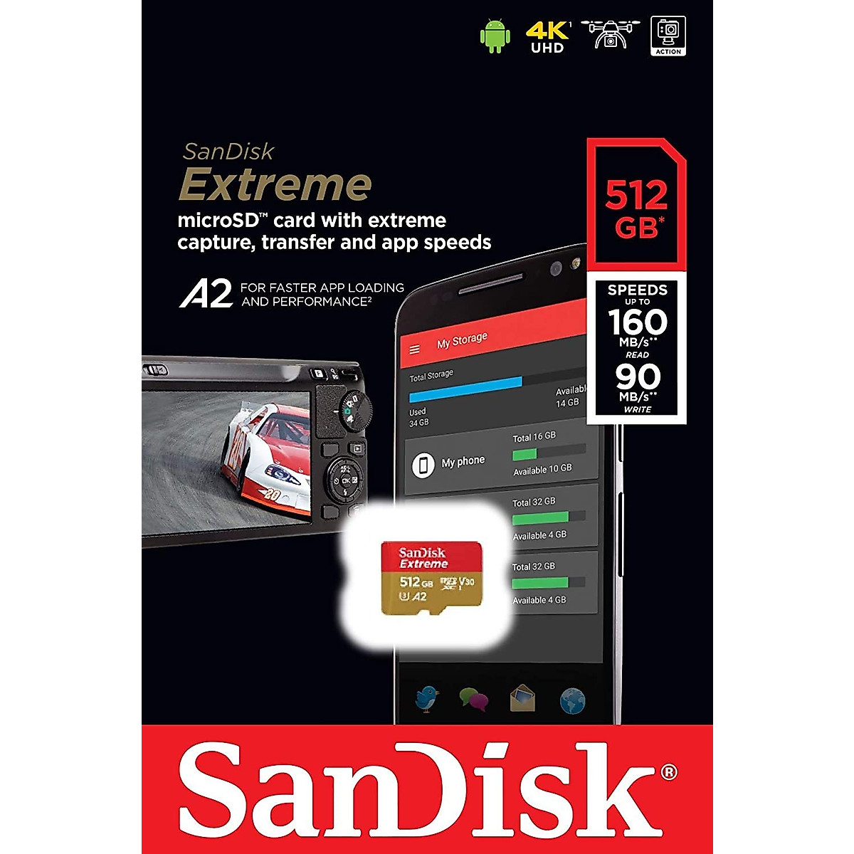 SanDisk Extreme 512GB V30 A2 microSDXC Memory Card Works for DJI Drones Works with Mini 3 Pro, Mini 3, DJI RC (SDSQXA1-512G-GN6MN) Bundle with (1) Everything But Stromboli Micro SD Card Reader
