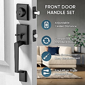 TICONN Front Door Handle Set, Heavy Duty Square Door Lever & Single Cylinder Deadbolt Combo Reversible for Entrance Exterior Doors (Matte Black)