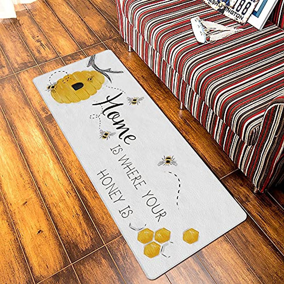 Kitchen Floor Mat Non-Slip Cushioned Rug Home is Where Your Honey is Cute Bee Honey Hive Rug Anti-Fatigue Standing Mat for Home,Office Floor Front Door Mat, 24 x 16 Inch