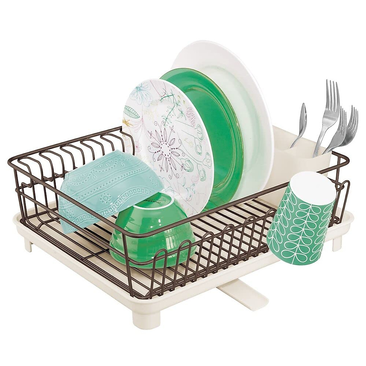mDesign Metal Wire Kitchen Countertop, Sink Dish Drying Rack - Removable Plastic Cutlery Tray, Drainboard with Adjustable Swivel Spout - 3 Pieces - Bronze/Cream