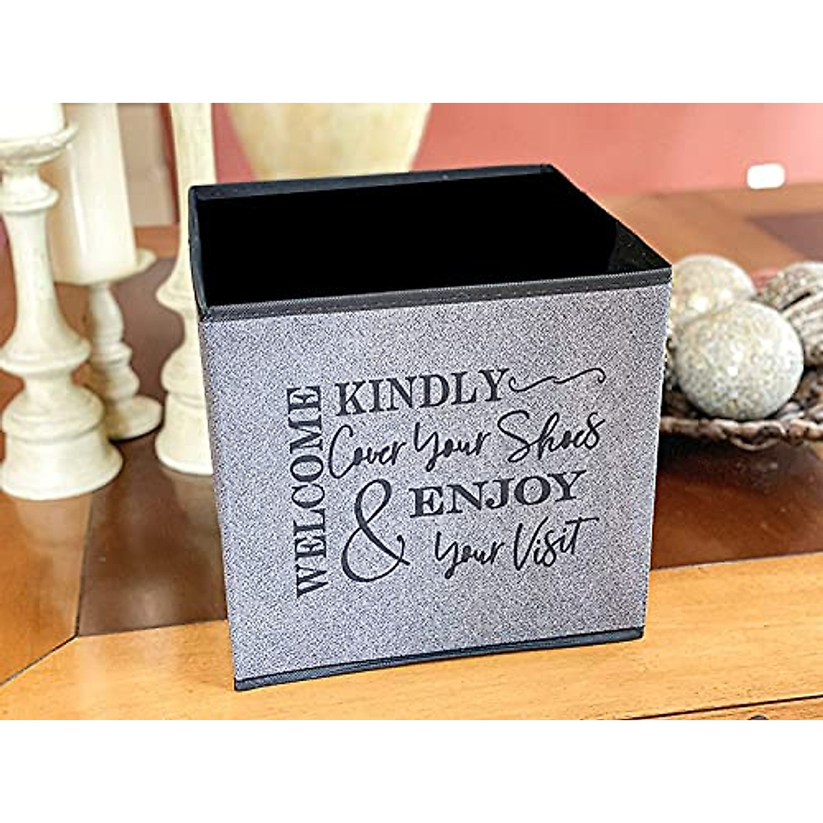 Shoe Cover Box - Welcome Guests to Please Cover Shoes. Indoor Foldable Storage Bin to Fill w/your Favorite Booties. For Homeowner, Real Estate Agent, Realtor Open House Supplies | 1 Grey & Black