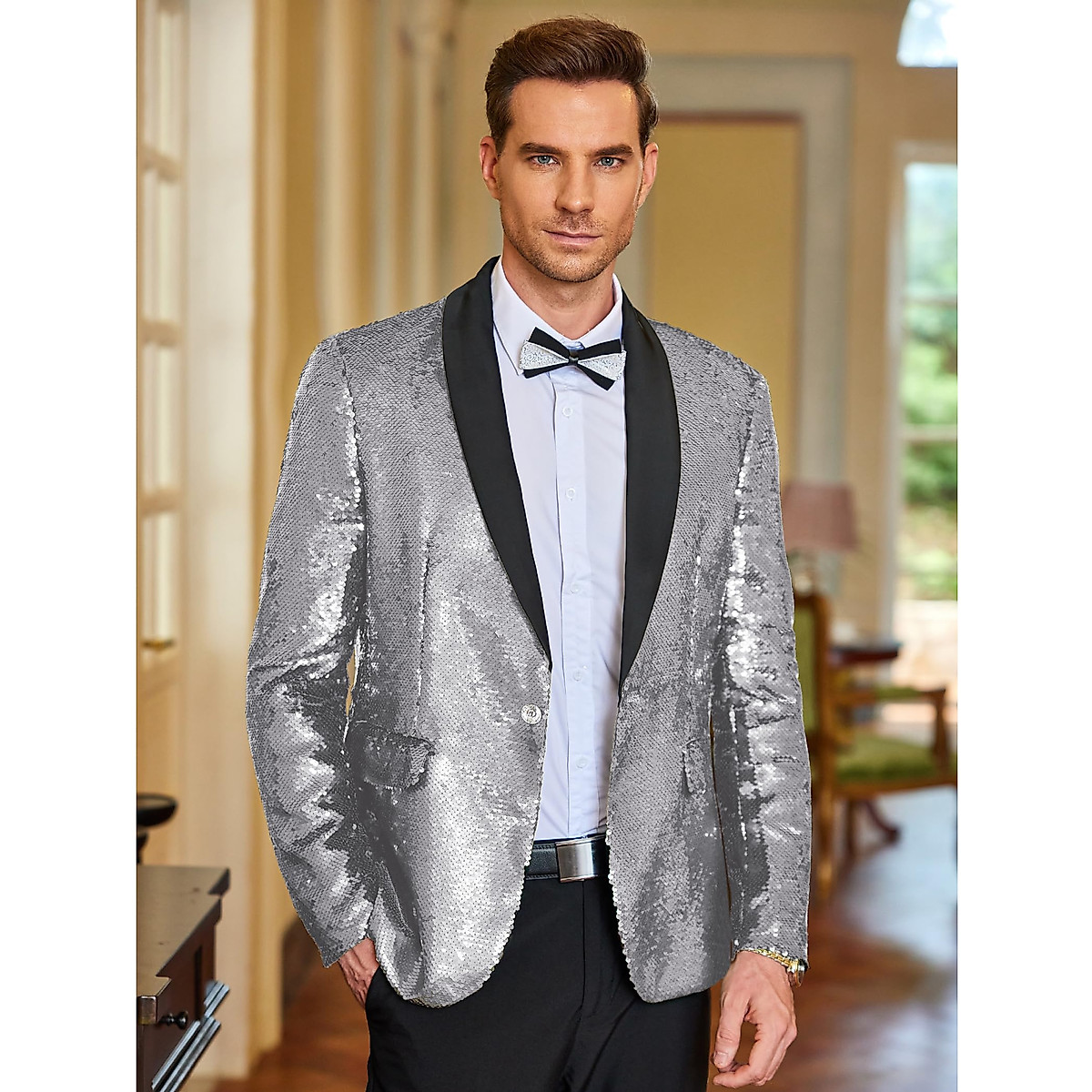 COOFANDY Men's Shiny Sequins Suit Jacket Blazer One Button Tuxedo Banquet Prom Silver