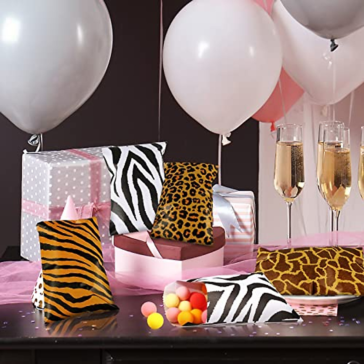 100 Pieces Jungle Animal Kraft Paper Bags Leopard Zebra Giraffe Print Paper bags Small flat plain Paper Treat Bags for Candy, Cookies, Merchandise, pens, Party Favors, 4 x 6 Inches