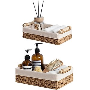 StorageWorks Bathroom Baskets for Organizing, Small Wicker Basket for Bathroom Organizer, Round Paper Rope Storage Basket for Bathroom Countertop, Set of 2