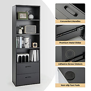 SILKYDRY 74” Tall Bookshelf with 2 Drawers, 4 Tiers Open Storage Shelves, Freestanding Bookcase with Anti-Tip Devices, Wooden Book Organizer Cabinet for Bedroom, Living Room, Home Office (Black)