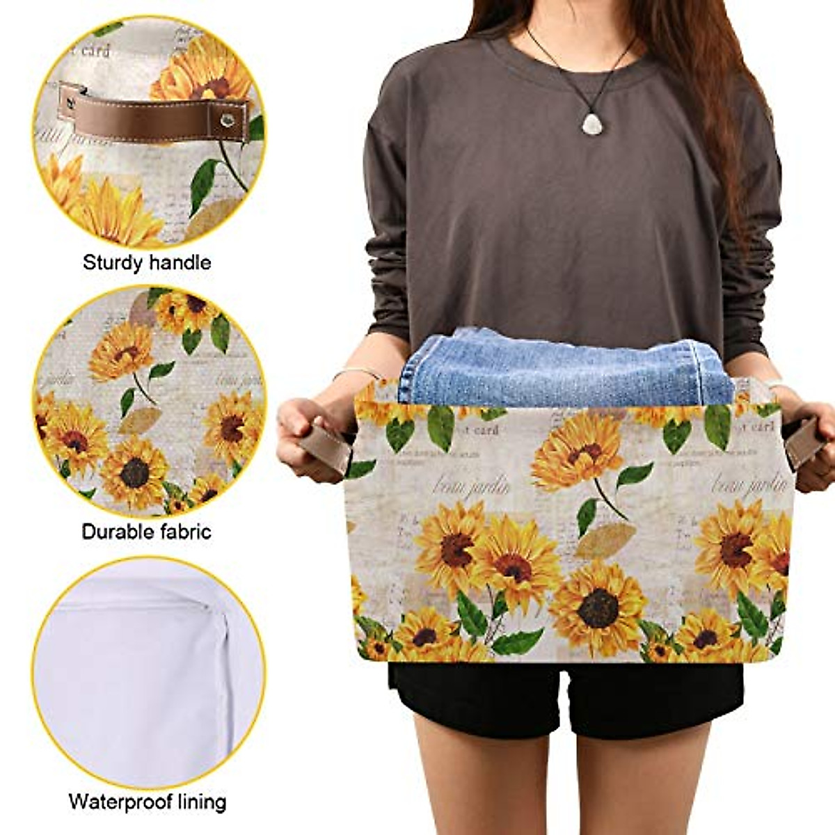 Mazeann Vibrant Sunflowers Storage Basket Bin Collapsible Foldable for Clothes Toys Storage Cabinets Waterproof Fabric Storage Box 15 x 11 x 9.5 inches 2PCS