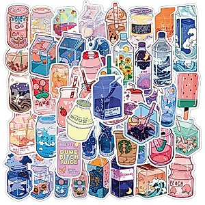 prettDliJUN Decorative Wall Art, 50PcsBag Beverage Stickers Water-Proof Cute Pink Blue PVC Vinyl Sticker, 2