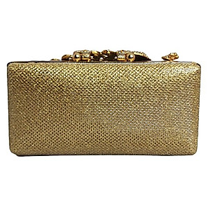 Chicastic Mesh Rhinestone Peacock Hard Box Wedding Cocktail Clutch Purse - Gold