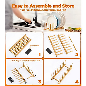 RISHTEN Bamboo Dish Drying Rack, 2 Pack Wooden Storage Holder Organizer for Plate/Bowl/Cup/Book/Pot/Lid/Cutting Board Drying Rack Stand Holder