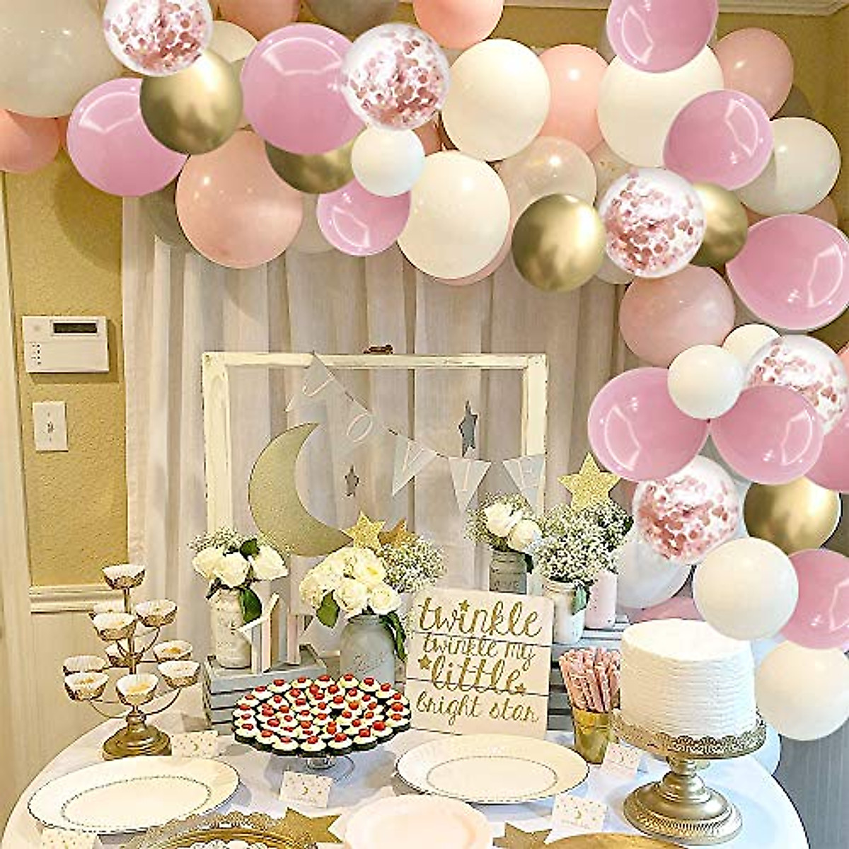 Pink and Gold Balloons Garland Arch Kit, 104pcs Rose Gold Confetti and White Metallic Gold Balloon for Girl Baby Shower Wedding Birthday Party Decorations