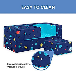 Delta Children Convertible Sofa & Play Set for Kids and Toddlers – Modular Foam Couch and Flip Out Lounger with 2 Ottomans, Space