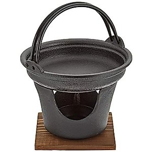 Asahi QSK41 Iron Southern Sukiyaki Pot Stove Set, Cast Iron/Wooden Base: Natural Wood, Japan