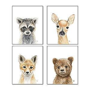 Woodland Animal Nursery Prints Unframed Set of 4, Pick Your Baby Animals and Size, Original Watercolor Portraits Art Signed By Artist