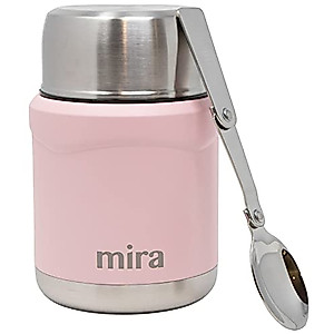 MIRA Thermos for Hot Food & Soup - 15 oz Insulated Food Jar with Foldable Spoon - Leak Proof Stainless Steel Thermal Storage Lunch Container, Canteen, Double Walled, Pink