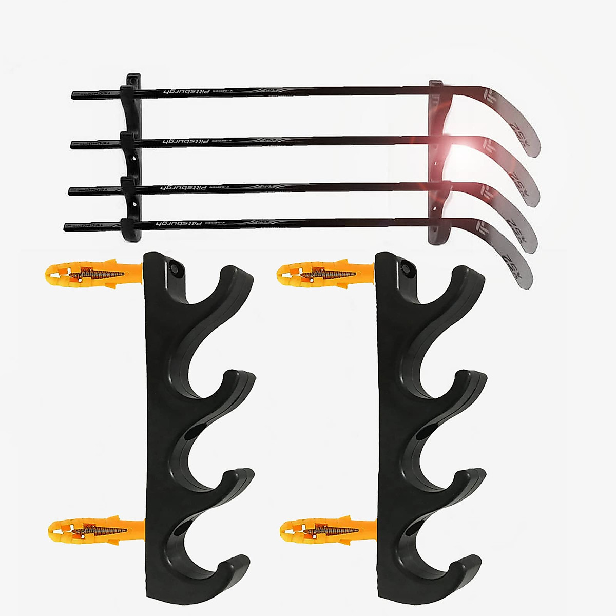 Pmsanzay Hockey Stick Rack, 4 Tier Wall Storage for Sticks,Hockey Stick Display Holder/Hanger Great for Home or Office Wall Mount - Hang Your ice Hockey Skates, Helmet, Gloves, Sticks Pads