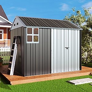 Jocisland 8.5x7.1x7.5 FT Galvanized Steel Outdoor Storage Shed, Lockable Double Hinged Doors and 4 Vents, Metal Shed for Backyard Storage, Dark Black/White