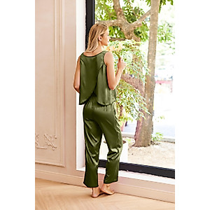Ekouaer Womens Satin Pajamas Set Back Split Top and Long Pant Silk Pj Set Tank Sleepwear S-XXL Army Green