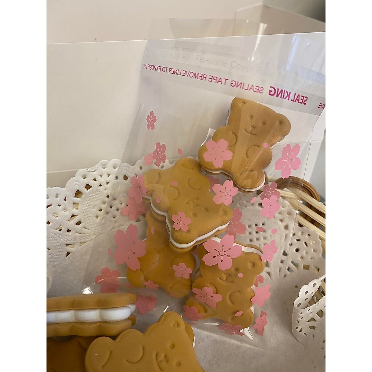 200 Pcs 4" x 4" Clear Bags OPP Plastic Party Bag for Bakery, Candy, Soap, Cookie (Sakura Pink, 4x4)