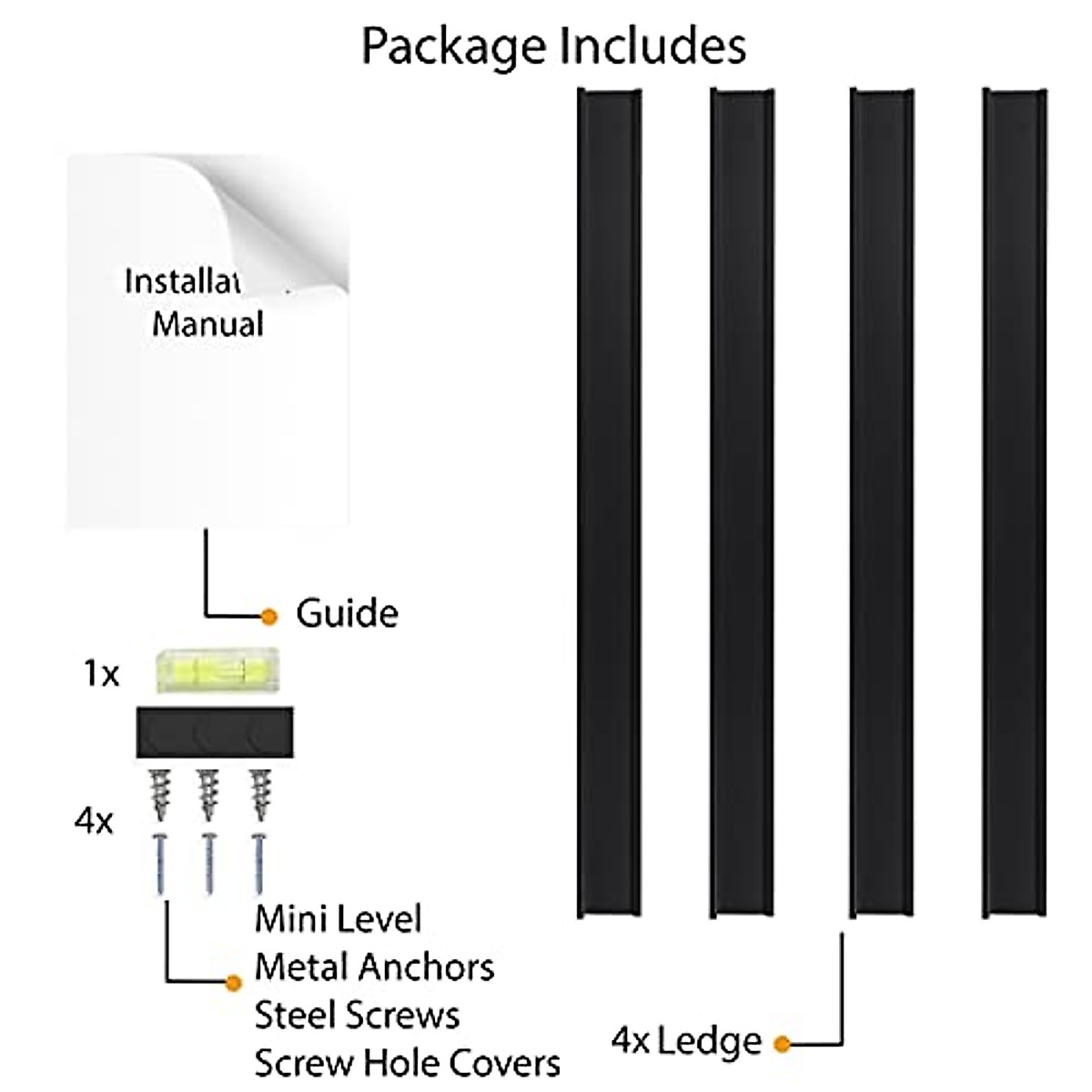 Wallniture Denver 46" Wall Shelves for Picture Frames, Floating Shelves for Wall, Picture Ledge Shelf, Set of 4, Black