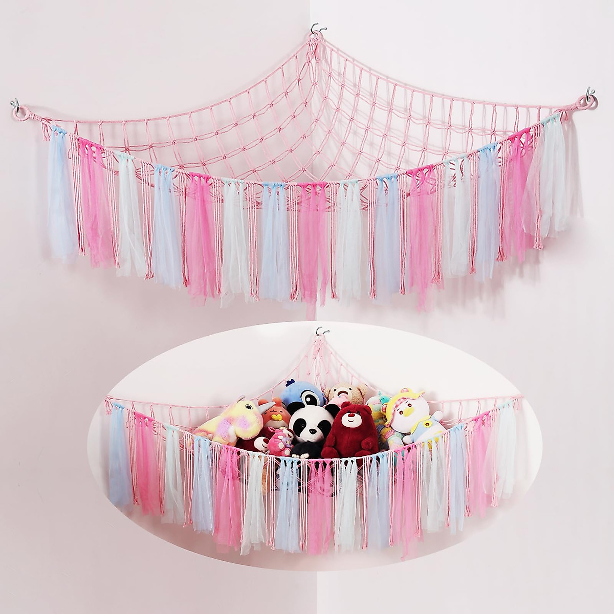 MKO SHUN Stuffed Animal Toys Hammock with LED Light, Stuffed Doll Hanging Corner Holder for Home Storage, Large Hanging Net -Display Teddies for Bedroom, Pink Decor Organizer