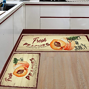 Savannan Kitchen Rug 2 PCS Set Floor Mat, Fresh Sweet & Juicy Peaches Vintage Wood Grain Watercolor Non-Slip Soft Absorbent RunnerMat MDDWJL-210319KICmatSHZF02000MDDASAN 15.7x23.6in+15.7x47.2in