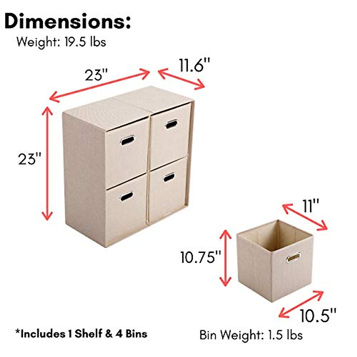 BIRDROCK HOME Cream Linen Cube Organizer Shelf with 4 Storage Bins – Strong Durable Foldable Shelf – Kid Toy Clothes Towels Cubby – Collapsible Bedroom Fabric Shelves and Cubes