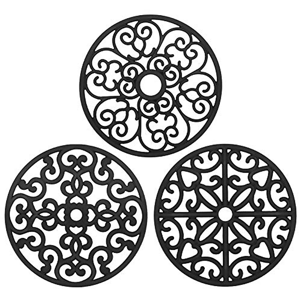 CHEFBEE 3PCS Silicone Trivet Mat - Trivets for Hot Dishes, Table, Countertop, Non-Slip Heat Resistant Modern Kitchen Trivets, Teapot Trivet - Flexible Black Trivet Set