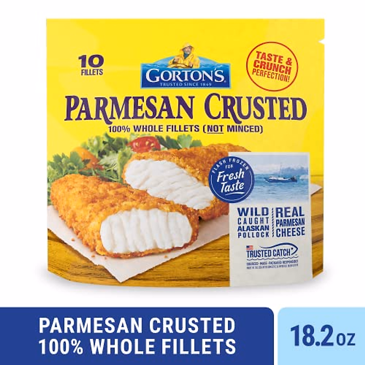 Gorton’s Parmesan Crusted Fish 100% Whole Fillets, Wild Caught Alaskan Pollock, Frozen, 10 Count, 18.2 Ounce Resealable Bag