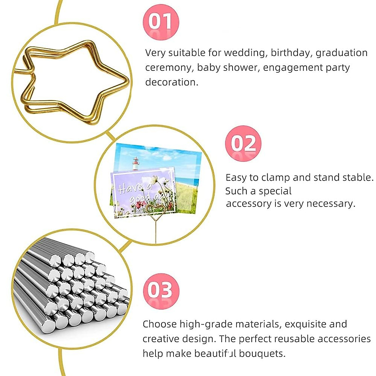 BOYIVI 40 Pieces Metal Wire Floral Place Card Holder Pick Love Floral Card Holder Picks Gold Card Note Table Number Memo Holder Gold Photo Clip for Wedding Birthday Baby Shower Party Favor (Round)