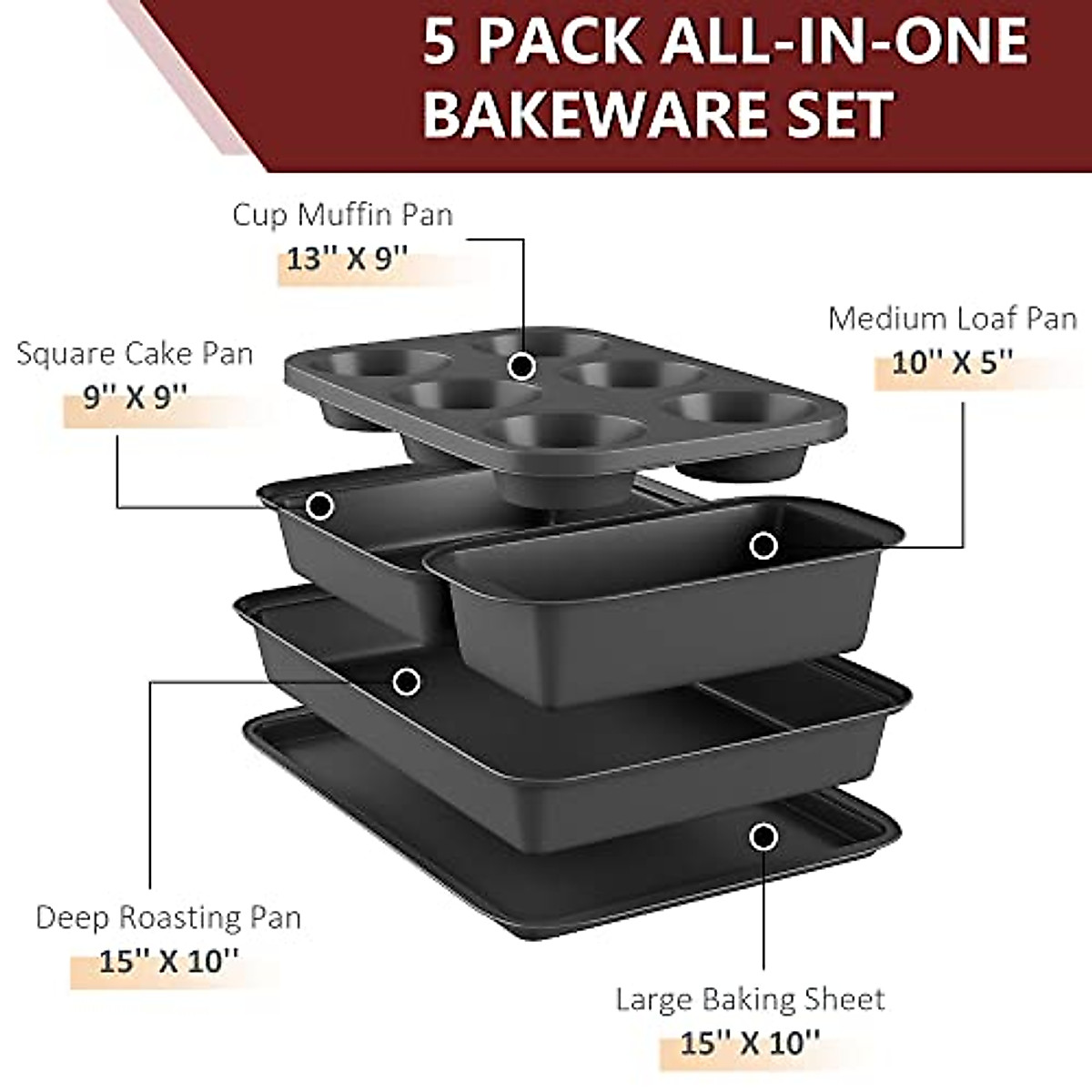 LINKLIFE Non Stick Baking Pans Set 5+1 Piece, Carbon Steel Bakeware Sets w/Oven Mat, Square Cake Pan, Cookie Sheet, Deep Roasting Pan, XL Cup Muffin, Deep Roasting Pan, Loaf Box