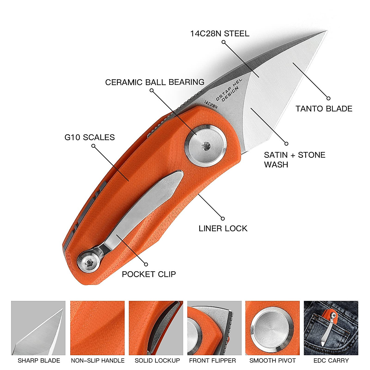 BESTECH KNIVES Mini Folding Pocket Knife: 1.53" 14C28N Steel Stain Stonewash Tanto Blade, G10 Handle, Front Flipper Liner Lock, Good for Outdoor EDC (BG38C Orange)