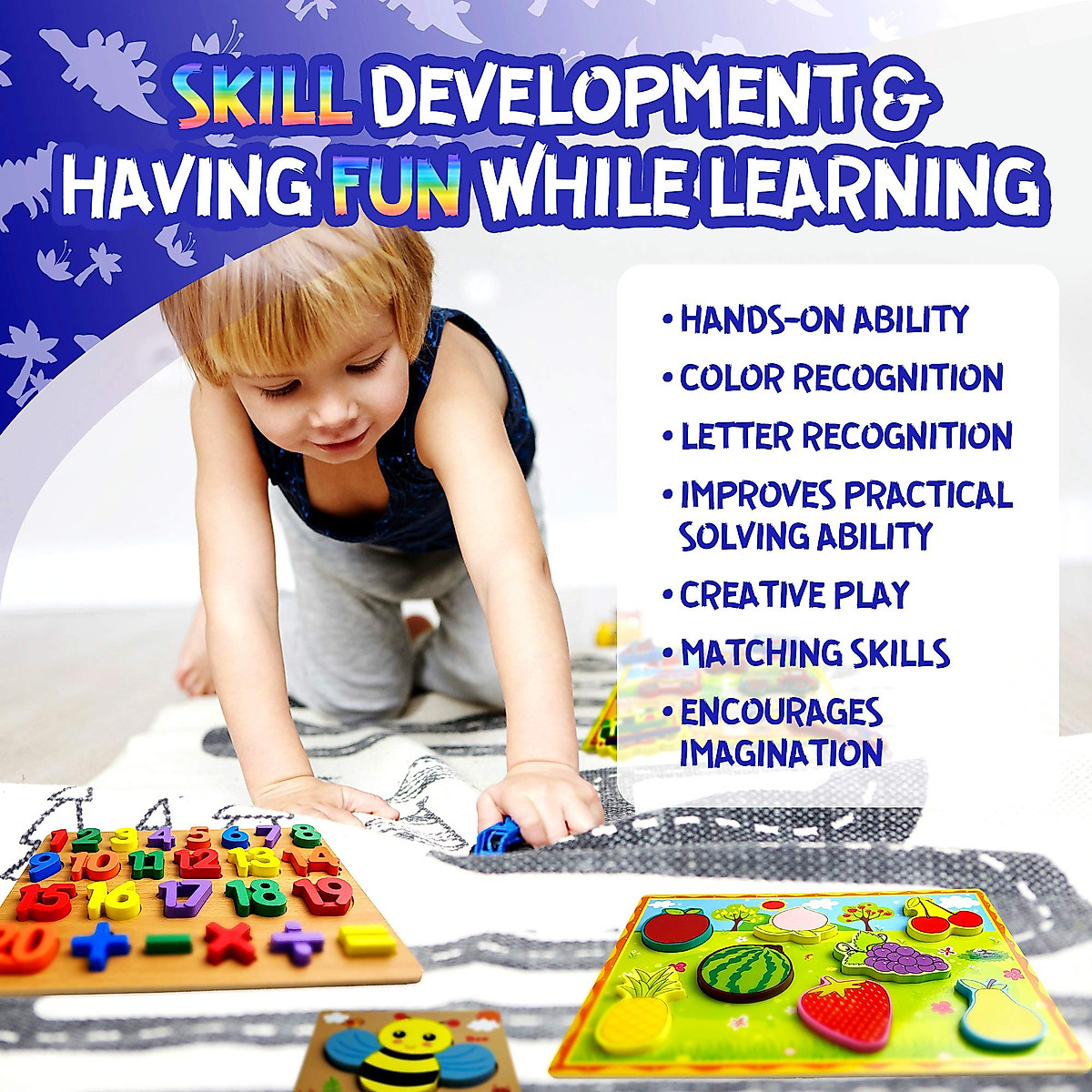 12 Pack Premium Chunky Wooden Puzzles for Toddlers Ages 2-4 - Toddler Learning Toys for Boys & Girls - Alphabet, Numbers, Fruits, Sea Life, Vehicles, Animals - Jigsaw Peg Puzzles for Kids - Value Set