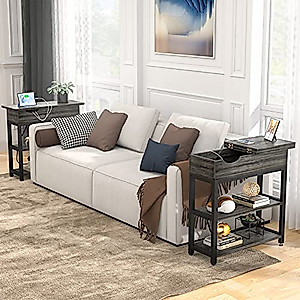 Aheaplus Sofa Side Table with USB Ports and Outlets, Narrow End Table Set of 2 with Charging Station, Bedside Nightstand with Storage Shelves, Slim Side Table，Black Oak