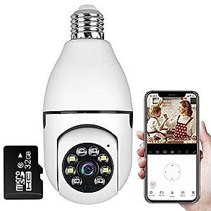 Wireless Light Bulb Camera 2.4GHz WiFi 360 Degree Socket Cameras for Home Security 1080p Smart Panoramic Cam Home Surveillance Camera System with Night Vision Motion Detection and Alarm