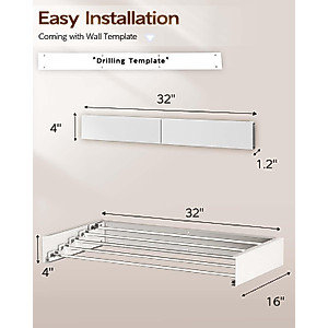 Vikaqi Wall Mounted Clothes Drying Rack 31.5", Foldable Wall Mount Laundry Drying Rack Folding Indoor, Drying Rack Clothing Collapsible, Towel Drying Rack with Wall Template