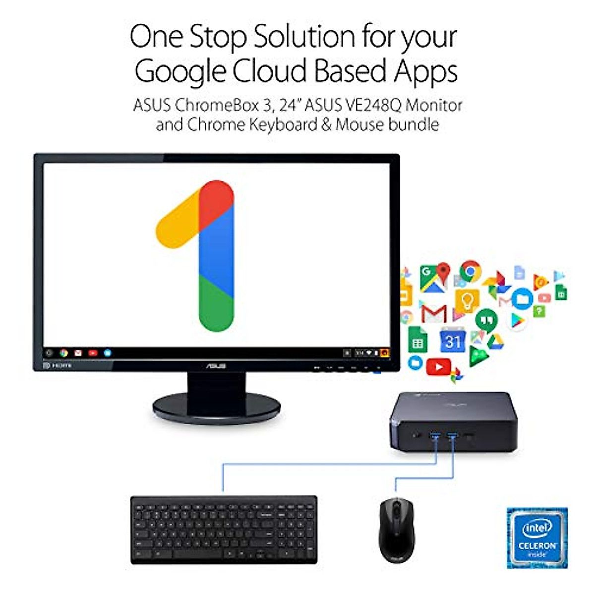 ASUS Celeron Chromebox and 24" Full HD Monitor with ChromeOS keyboard-mouse Bundle Kit