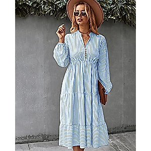 YOXUA Women's Striped Shirt Dresses Stand V Neck Midi Dress Pleated Ruffle Casual Long Sleeve Dress