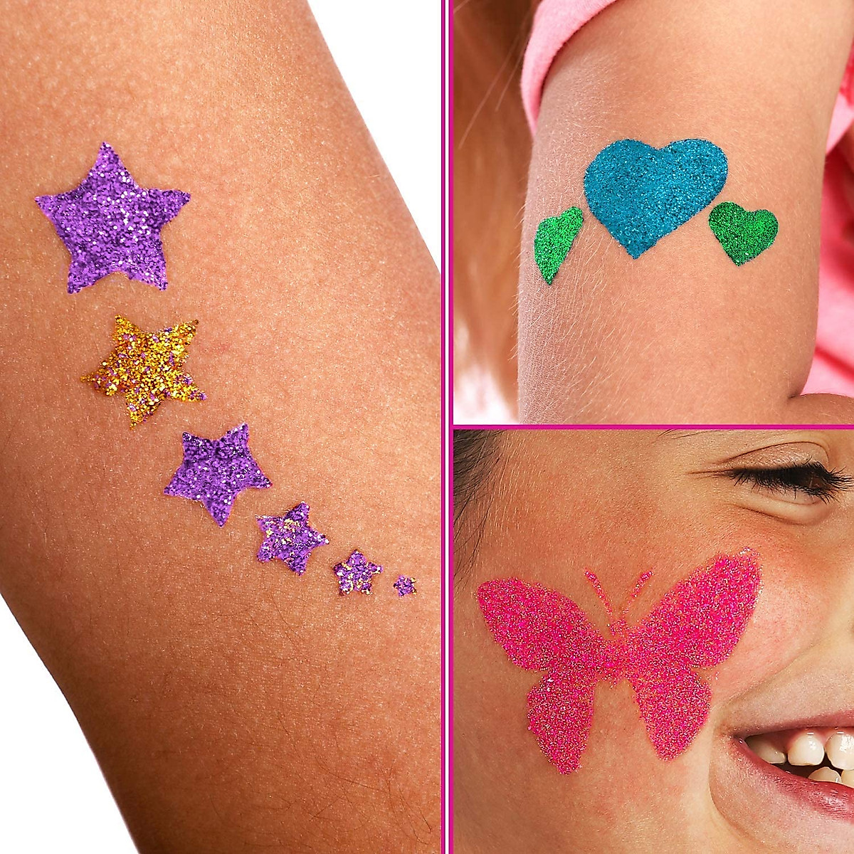 GirlZone Temporary Glitter Tattoos Kit for Girls, 33 Fun Pieces in 1 Sparkly Glitter Tattoos for Kids Kit, Easy to Apply and Remove Glitter Tattoo Kit for Kids Creative Playtime and Dress Up Parties