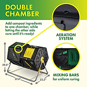 Miracle-Gro Large Dual Chamber Compost Tumbler – Easy-Turn, Fast-Working System – All-Season, Heavy-Duty, High Volume Composter with 2 Sliding Doors - (2 – 27.7gallon /105 Liter), Black