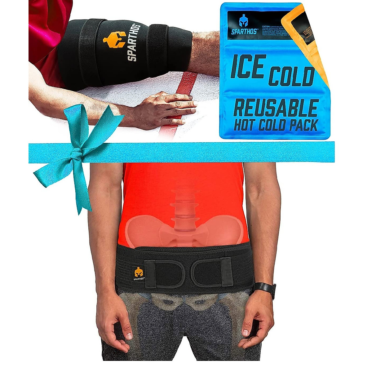Sparthos Sacroiliac Si Hip Belt [Size Regular - Black] Ice Packs for Injuries [Size Large + Cover]