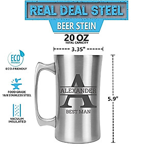 Personalized Beer Mug: Custom Engraved Stainless Steel Stein for Men, Groomsmen, Dad - Large 20 oz, Laser Engraved Beer Glass