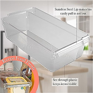 Kitchen Details 2 Pack Slim Refrigerator Storage Bin | Fridge & Freezer | Kitchen Organization | Stainless Steel Handle | Countertop | Cabinets | Pantry | Clear