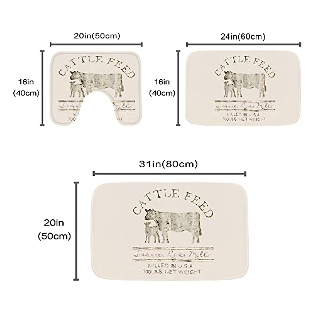 Kntiline Farmhouse Abstract Animal Cattle Feed Cow Rustic Custom Bathroom Rugs and Mats Sets 3 Piece, Memory Foam Bath Mat 20 x 31 in, U-Shaped Contour Shower Mat Non Slip Absorbent
