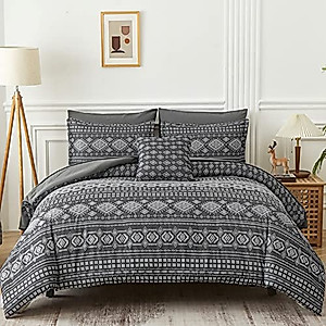 Luxudecor Boho Comforter Set King 8 Piece, Black White Striped Geometric Bed in a Bag, Aztec Comforter Set, Folkloric Art Pattern Bedding Set for All Season(Black, 104''x90'')