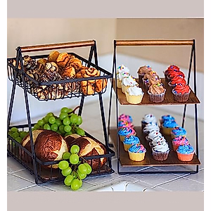 Emerson Ergonomics 2-Tier Large Fruit Basket || Wood Metal Bread Basket || Kitchen Countertop Fruit Bowl