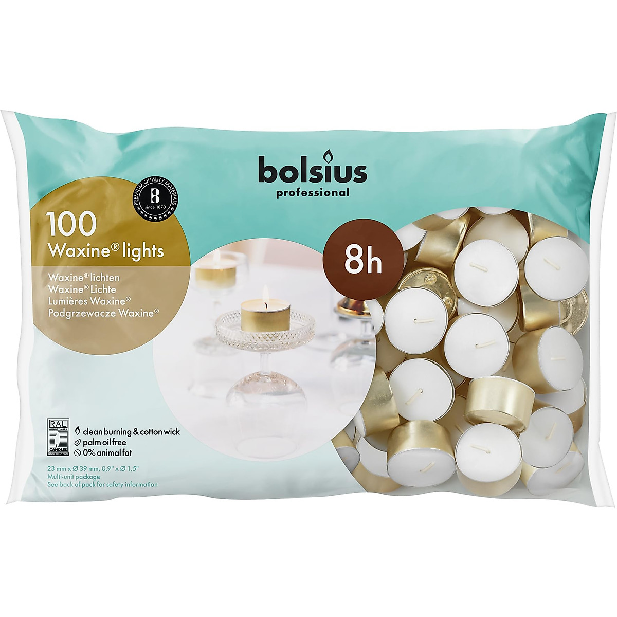 BOLSIUS Gold Tea Light Candles – 100 Count, Long-Lasting Tealight Candles Unscented with Cotton Wicks & 8 Hour Burn – Smokeless Wax Tea Lights Candles in Bulk for Parties, Weddings, Home Decor, & More