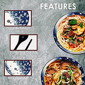 Ceramic Ramen Bowl Set - 8 Piece- Large White 40 oz Japanese Ramen Bowls, Spoons, Chopsticks and Chopstick Stands For Udon Noodles, Miso Soup, Cereal, Pasta, Pho and Salad Serving Set of 2 Blue