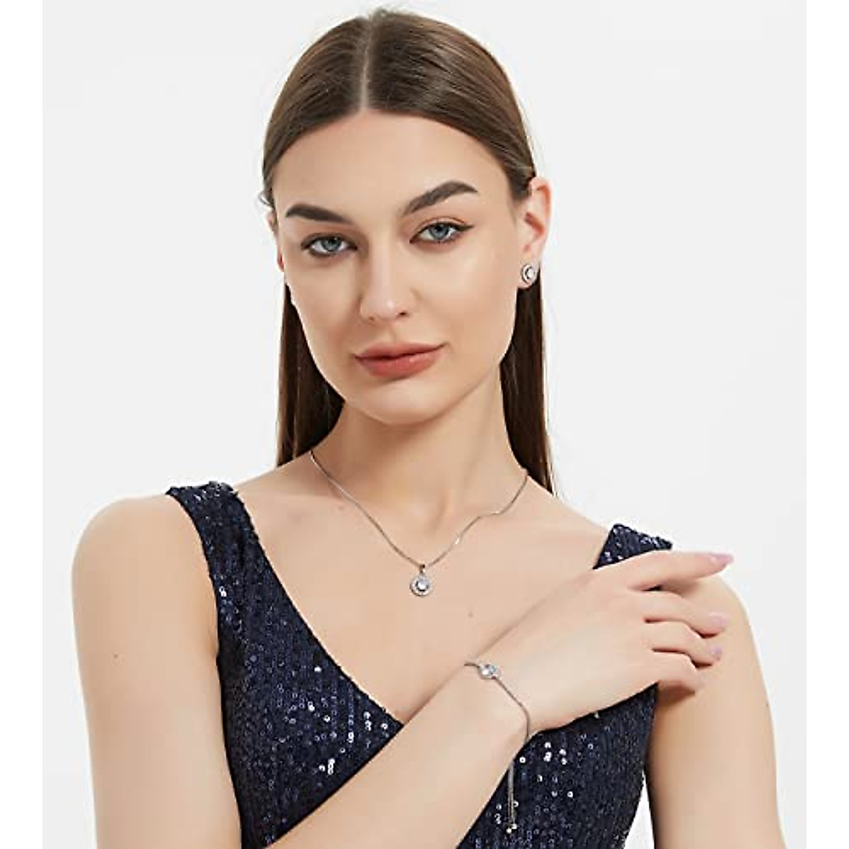 UDYLGOON Round Earrings Necklace Bracelet Jewelry Set For Women Bridal Bridesmaid Party Prom Daily (Silver)